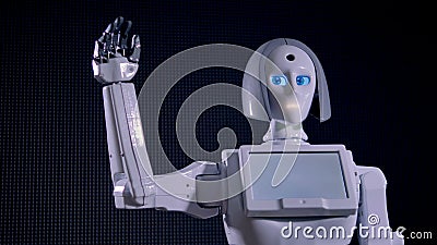 Bionic Robot Moving Her Arm Saying Good Bye. Stock Video - Video of ...