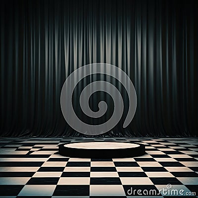 Black Draped Stage With Checkerboard Floor And Pedestal. Stock Photo ...