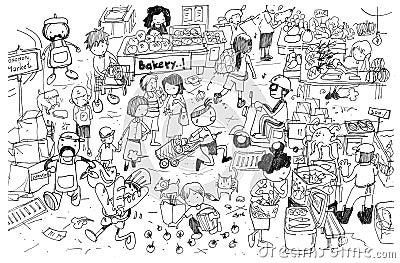 Black And White Drawing Of Busy Market Cartoon Royalty Free Stock Image ...