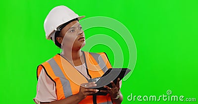 Black Woman, Architect and Thinking with Tablet on Green Screen for ...