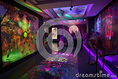 Blacklight And Uv-reactive Art Installation, With Various Artwork ...