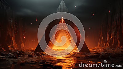 A Pyramid Shaped Structure With A Fire In The Background Royalty-Free ...