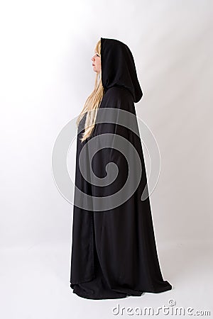 Blond Woman In Black Hooded Cloak Side View Stock Photography - Image ...