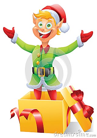 Blonde Christmas Elf Popping Out Of Box Present Isolated Stock Vector ...