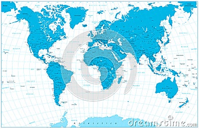 Blue Color World Map Highly Detailed Illustration Cartoon Vector ...