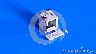 Blue Computer Made Out Of Square Blocks Voxels Cube Boxes Technology ...