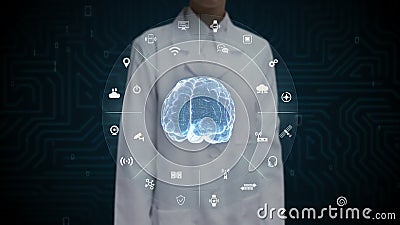 Scientist, Engineer Touching Blue Digital Brain, Internet of Things ...