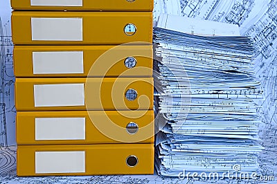 Blue Heap Of Project Drawings In Yellow Folder. Stock Image ...