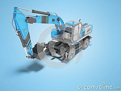 Blue Hydraulic Wheeled Excavator Perspective View 3D Rendering On Blue ...