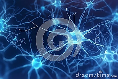 Blue Nerve Cell Banner: Brain's Neuron System With Synapses. AI Royalty ...