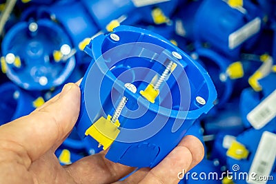Blue Plastic Enclosure For Installation Of Electrical Outlet. Wiring In ...
