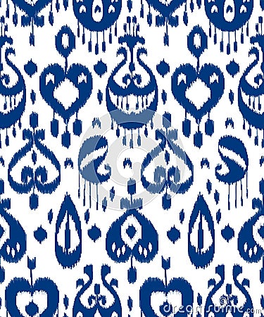 Blue And White Ikat Asian Traditional Fabric Seamless Pattern, Vector ...