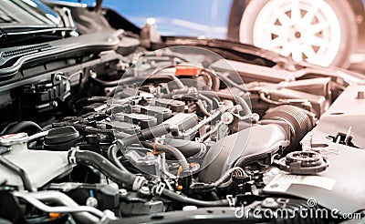 Blurred Car Engine Room Checking Maintenance Sevice By Mechanical With ...