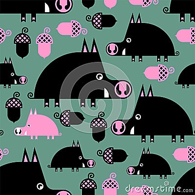 Boar Pattern Seamless. Cute Hog And Offspring Background. Wild Pig ...