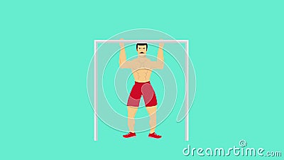 Bodybuilder Man with Mustache Doing Pull-up Exercise 4K Animation. Man ...