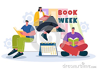 Book Week Events Vector Illustration With People Reading Or Students ...