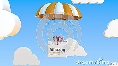 Box with AMAZON Logo Falls with a Parachute. Editorial Loopable 3D ...