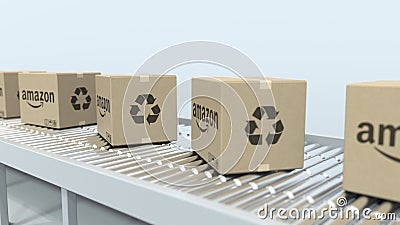 Boxes with AMAZON Logo Move on Roller Conveyor. Loopable Editorial 3D ...
