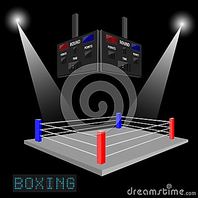 Boxing Ring Surrounded By Spotlight On Dark Background With Scoreboard ...