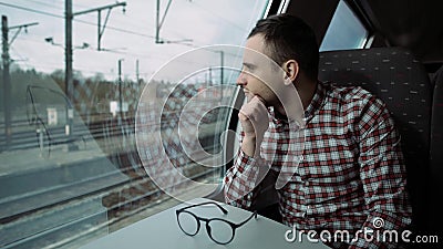 Boy Looking Out Train Window Outside, in the Evening, Travel. 4K Stock ...