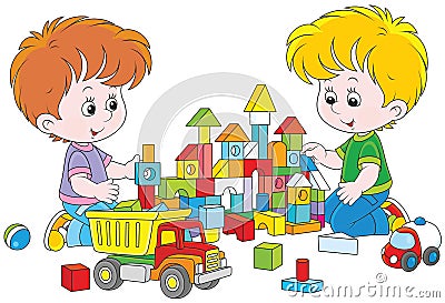Boys Playing With Bricks Cartoon Vector | CartoonDealer.com #105790853