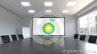 BP Logo on the Screen in a Meeting Room. Editorial 3D Animation Stock ...