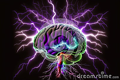 Brain Blast, Neon Glowing Brain With Lightning Bolts Against A Black ...