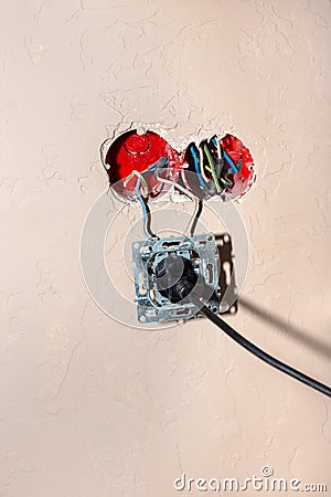 Broken Electrical Outlet With Plug In. Danger Of Short Circuit And Fire ...