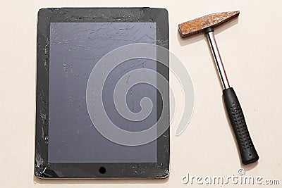 Broken Flat Glass Of Tablet And Rusty Hammer Royalty-Free Stock Photo ...