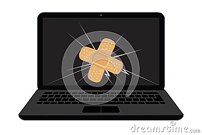 Broken Laptop Display With Crack And Sticking Plaster Cartoon Vector ...