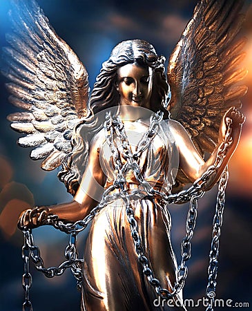 Bronze Statue Of Angel In Chains, Isolated On Color Background. Stock ...