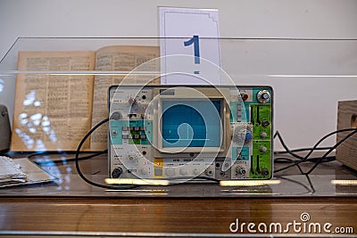 Brussels 05 May 2021: White Exposition Oscilloscope With Old School ...