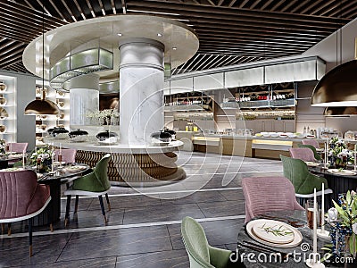 Buffet Restaurant Design In A Modern Style With Counters And Different ...