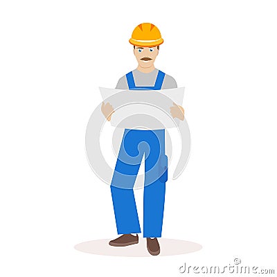 Builder Or Construction Superintendent In A Helmet And With Blueprints ...