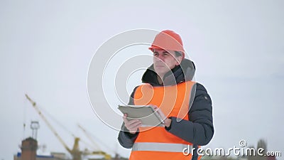 Builder Foreman Waving His Arms Architect Man in Helmet with Tablet on ...