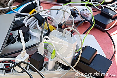 Bunch Of Charging Gadgets, Electronic Devices, Messy Wires. Dependence ...