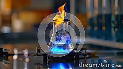 A Bunsen Burner With A Blue Flame Heating Up A Beaker Of Liquid On A ...