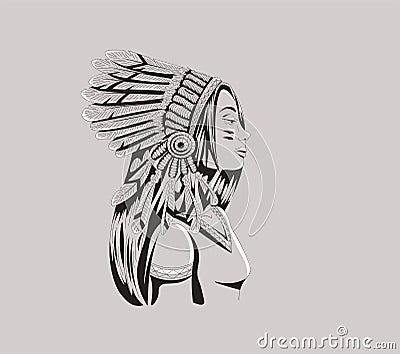 Apache Girl Line Art Tattoo Sketch Vector Illustration | CartoonDealer ...