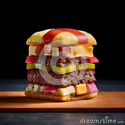 Burger Square On Wooden Board, Black Background Stock Photo ...