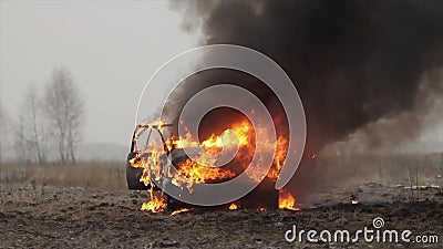 Car on Fire, Burning Car in the Field, Front View Stock Video - Video ...