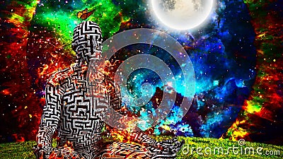 Burning Figure of Man with Maze Pattern in Lotus Pose. Vivid Universe ...