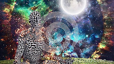 Burning Figure of Man with Maze Pattern in Lotus Pose. Vivid Universe ...