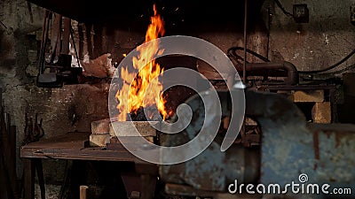 Burning Fire in Furnace at Forge, Workshop. Blacksmith Equipment ...