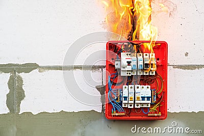 Burning Switchboard From Overload Or Short Circuit On Wall Stock Photo ...
