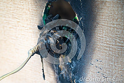 Burnt Power Outlet. Melted-off And Burned Plastic Socket Of Power ...