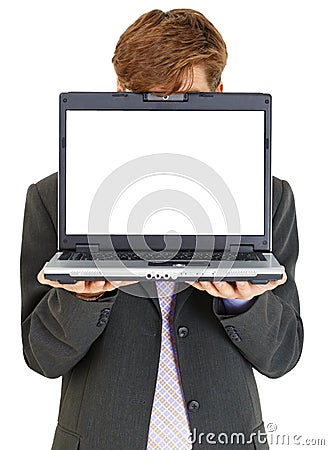 Businessman Hiding Behind Computer Screen Stock Images - Image: 14062314