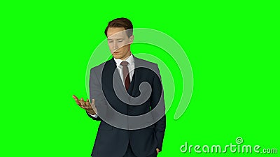 Businessman Lifting Something on His Hand on Green Screen Stock Footage ...