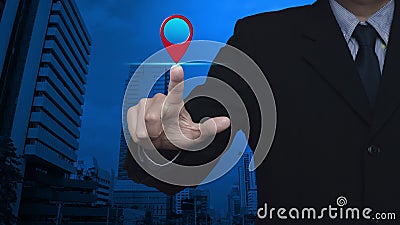 Businessman Pressing Map Pin Point Location Button Over Modern Office ...