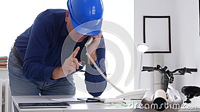 Busy Engineer in Office Talk Using Telephone Landline Connection Stock ...