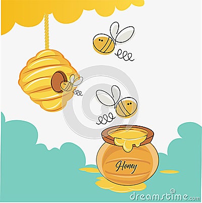 Buzzy Bee Vector Illustration With Hive And Honey Pot On A White ...
